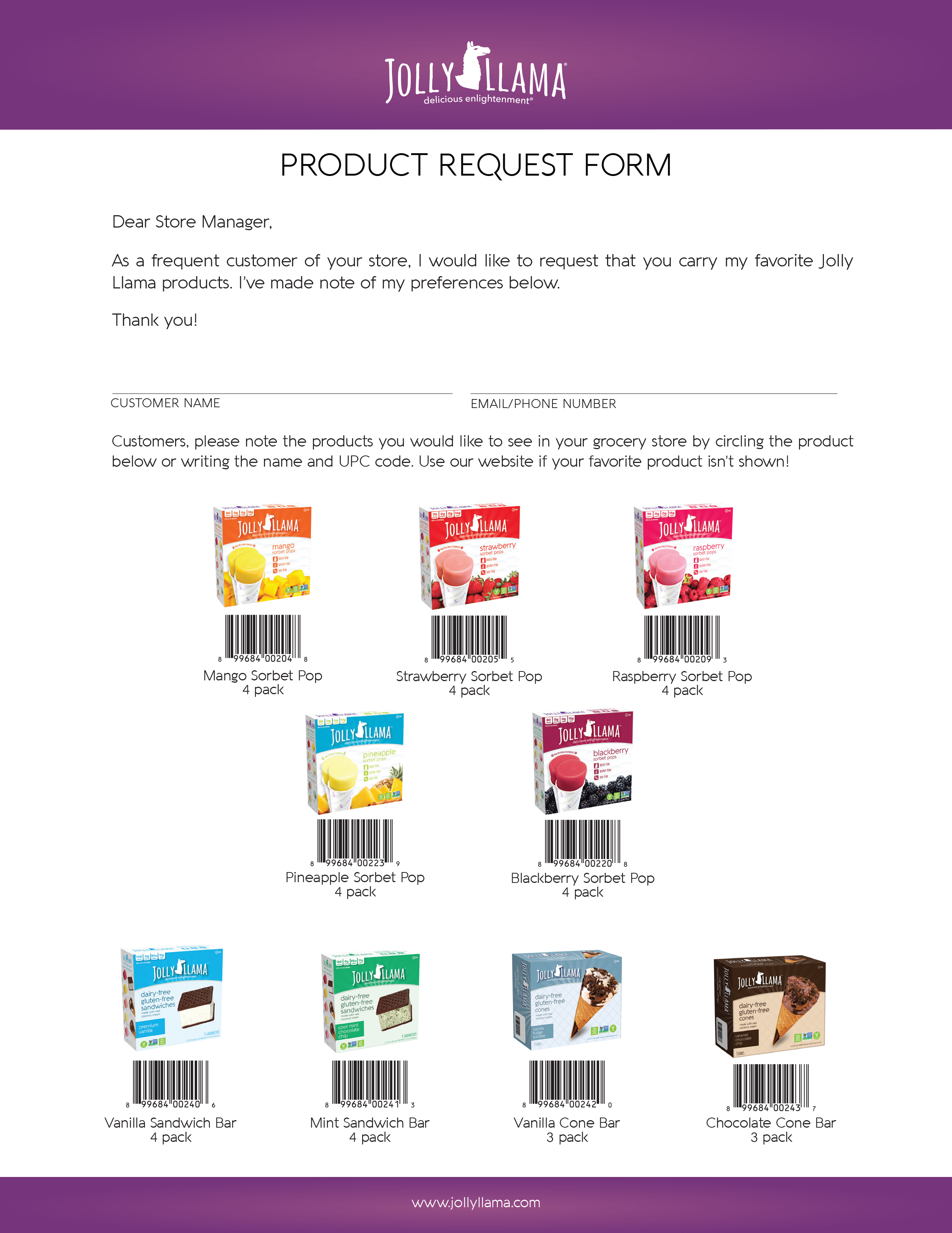 Product Request Form - Jolly Llama
